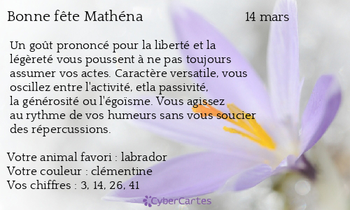 Carte bonne fête Mathéna (14 mars)